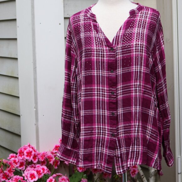 Simply Emma | Tops | Simply Emma Pink Purple Plaid Crystal Trim Rayon ...